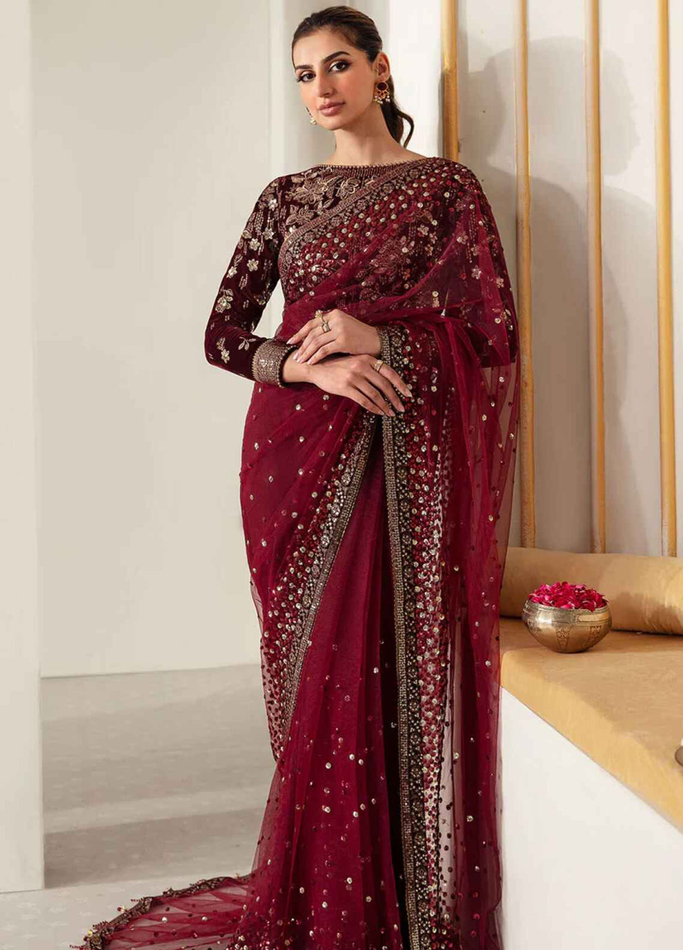 Embroidered Unstitched 3 Piece Velvet Saree Maroon JV-VF-2016 - Party ...